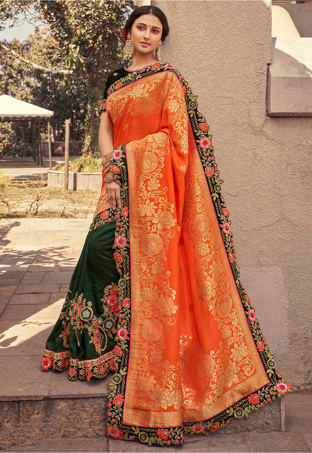 Buy Half N Half Art Silk Saree in Olive Green and Orange Online ...