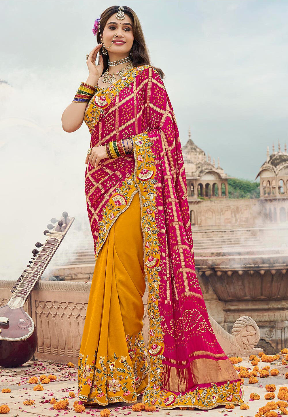 Buy Half N Half Art Silk Saree in Pink and Mustard Online : SFF3610 ...