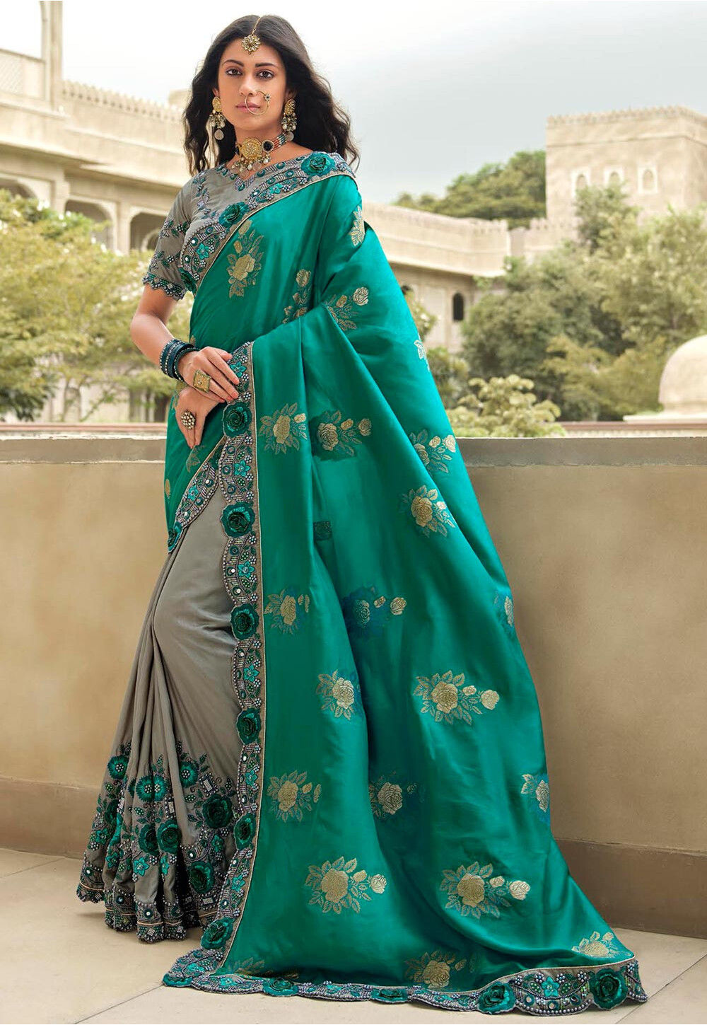 Buy Half N Half Art Silk Saree in Teal Green and Grey Online : SFF3312 ...