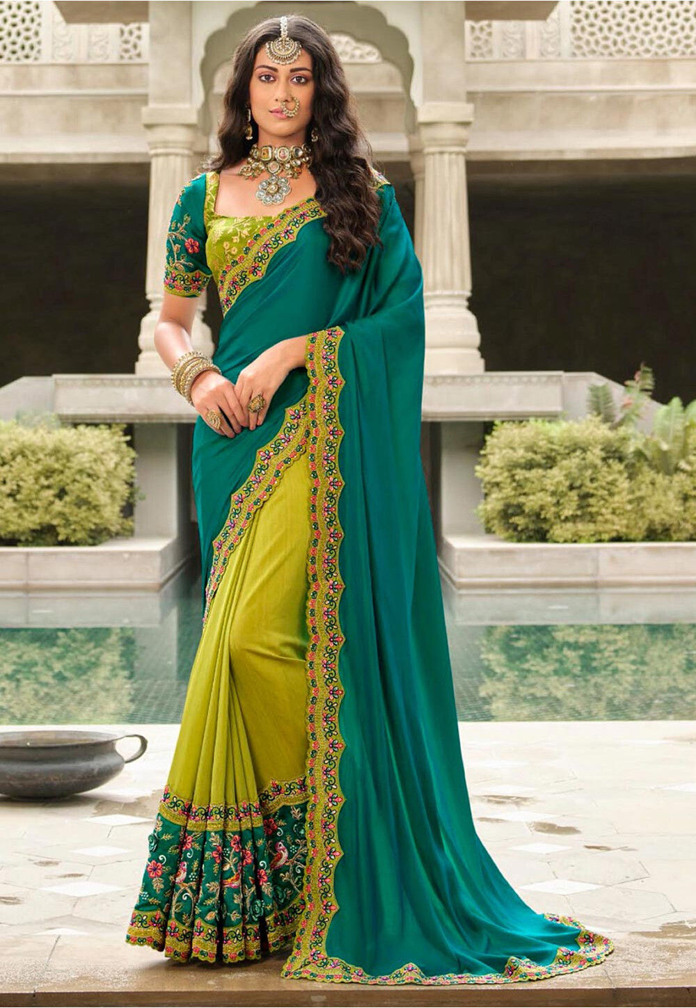 Buy Half N Half Art Silk Saree in Teal Green and Light Green Online ...