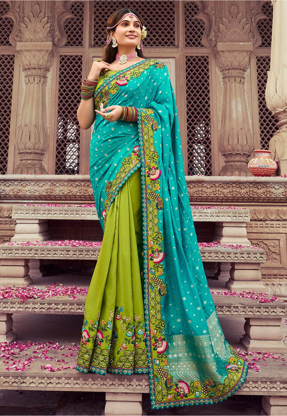 Buy Half N Half Art Silk Saree in Turquoise and Light Green Online ...