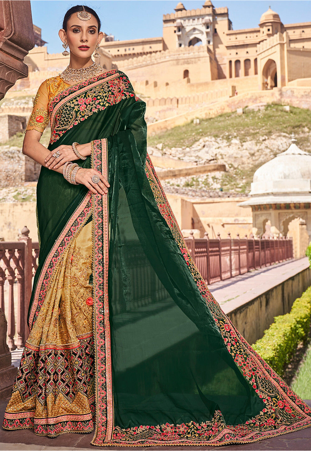 Buy Half N Half Art Silk Saree in Yellow and Dark Green Online ...