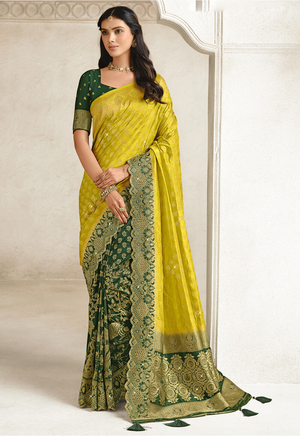 Buy Half N Half Art Silk Saree in Yellow and Dark Green Online ...