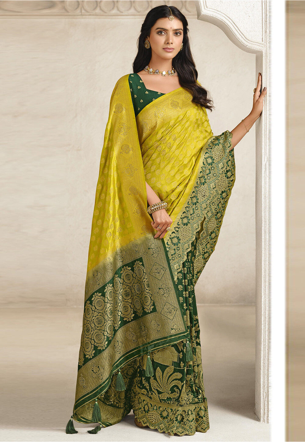 Buy Half N Half Art Silk Saree in Yellow and Dark Green Online ...