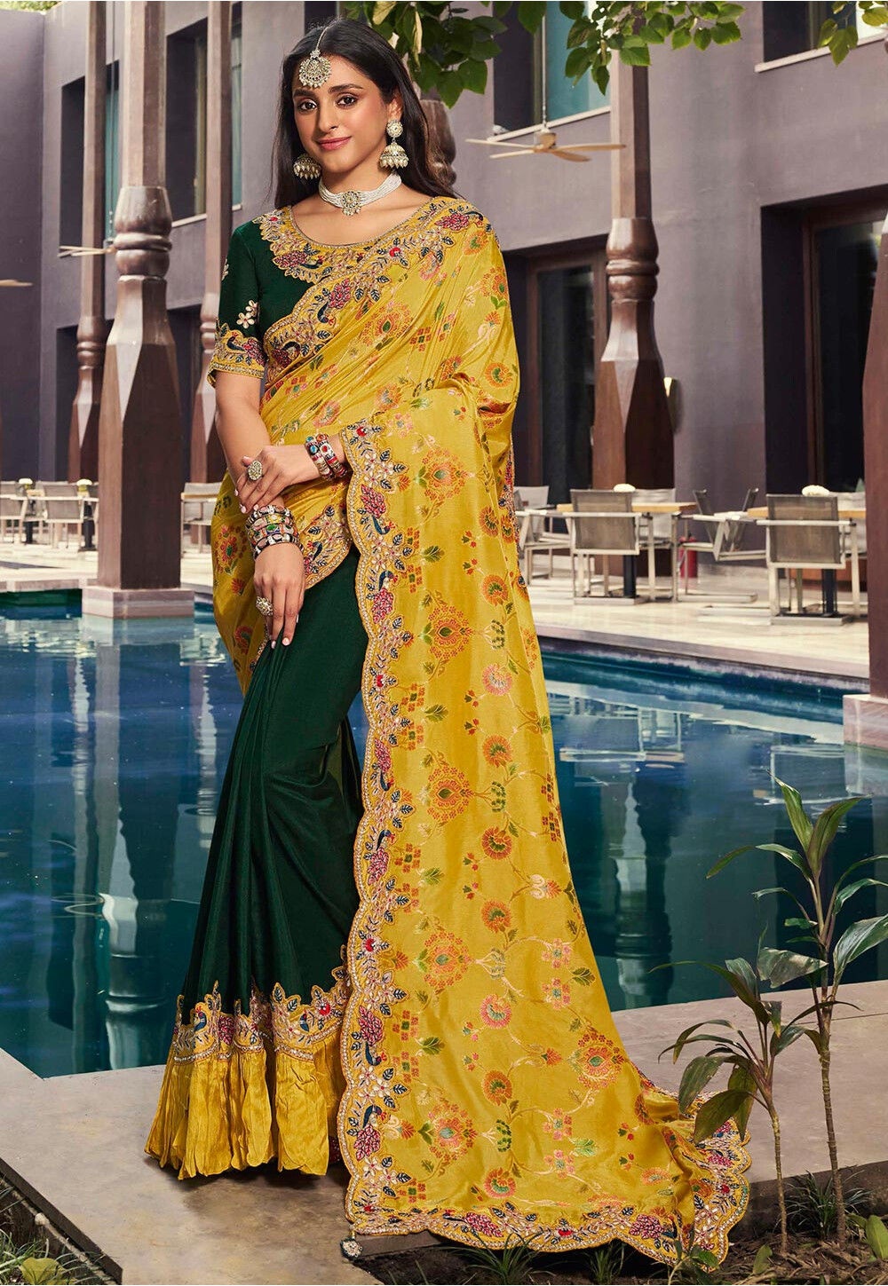 Buy Half N Half Art Silk Saree in Yellow and Green Online : SFF3324 ...