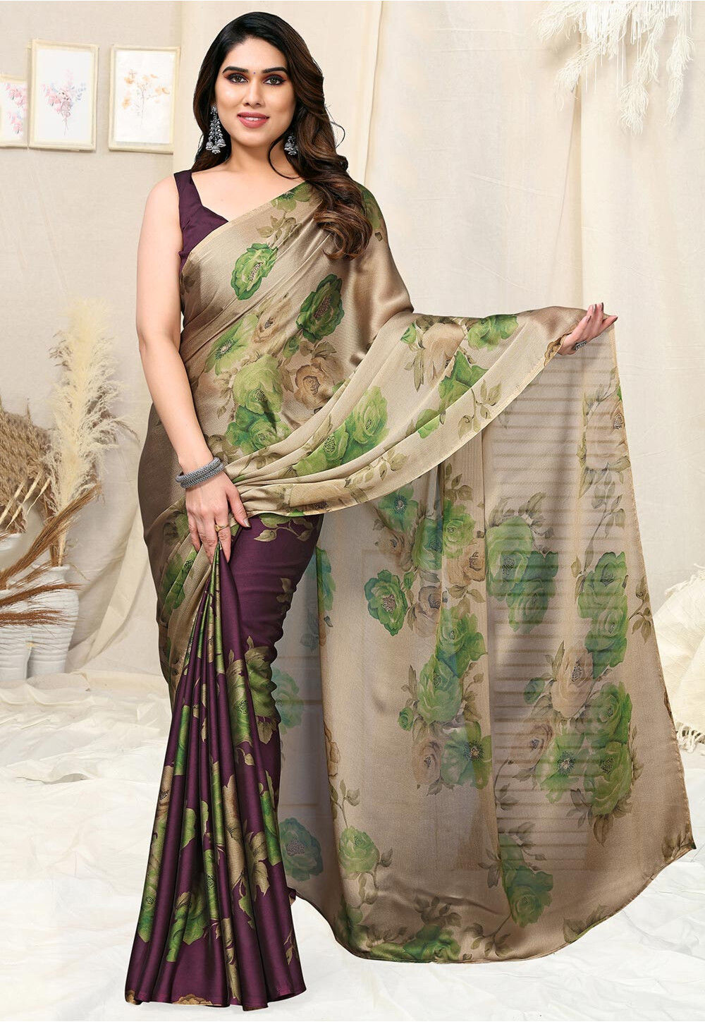 Buy Half N Half Chiffon Saree in Beige and Wine Online : SJRA6447 ...