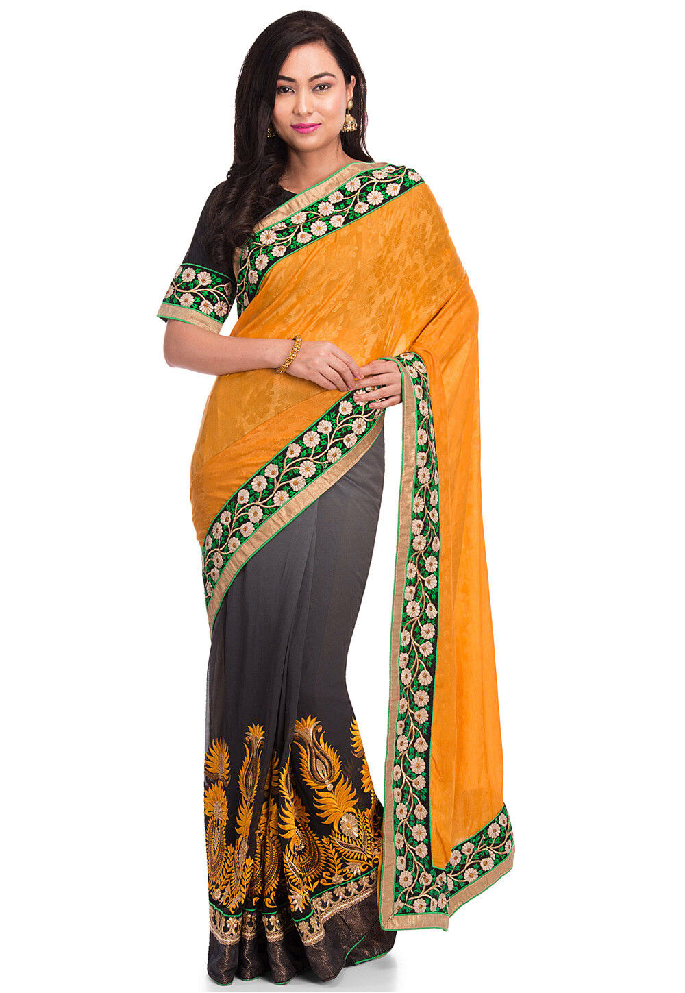 Buy Half N Half Chinon Chiffon Saree in Mustard and Grey Online ...