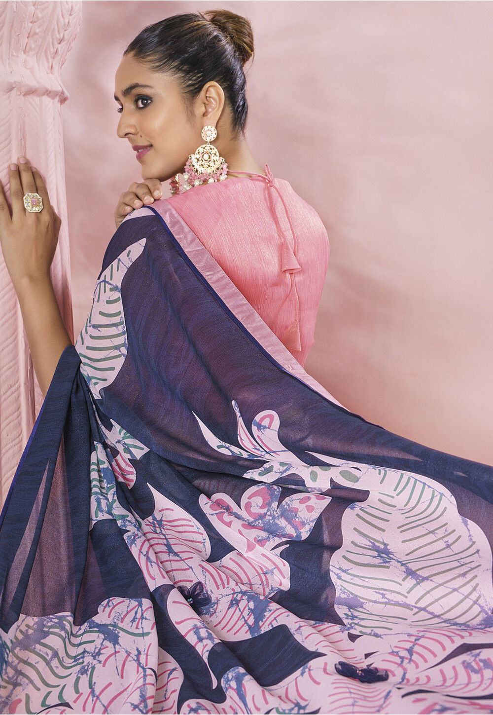 Buy Half N Half Chinon Chiffon Saree in Navy Blue and Pink Online ...