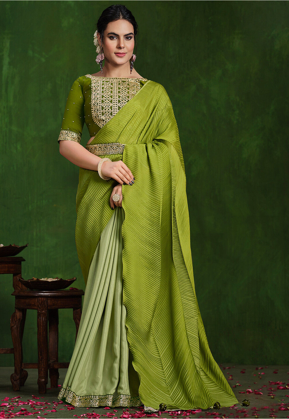 Buy Half N Half Crepe Saree in Olive Green Online : SBHA3458 - Utsav ...