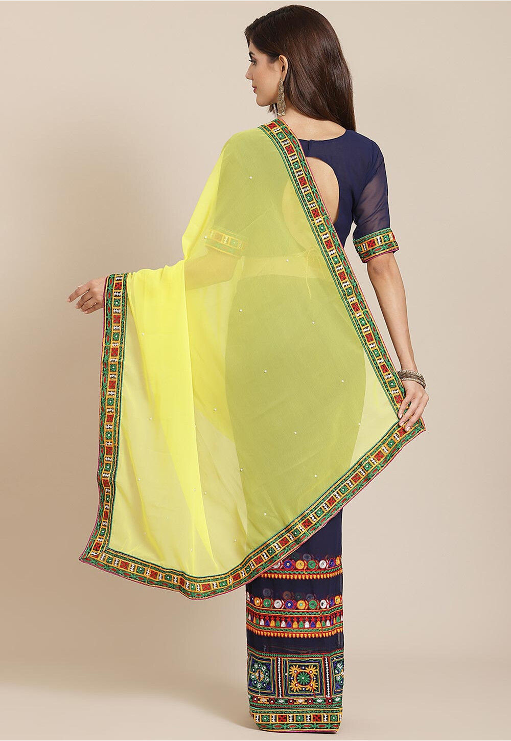 Buy Half N Half Georgette Saree in Yellow and Navy Blue Online : SQE878 ...