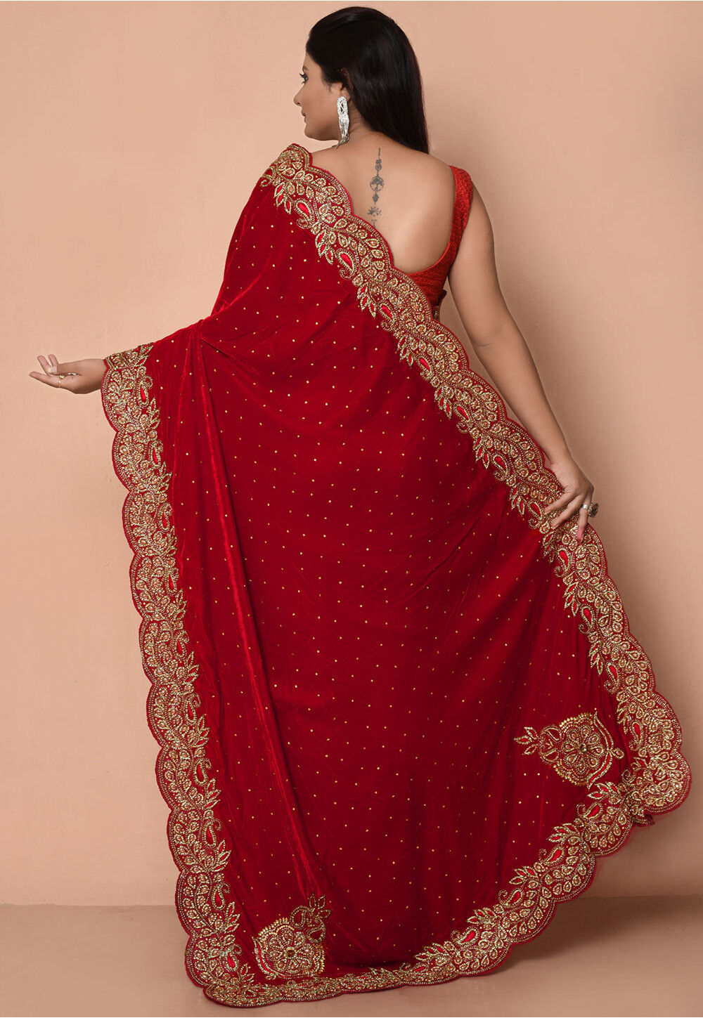 Buy Half N Half Velvet Saree in Red and Pastel Orange Online : SEH4533 ...