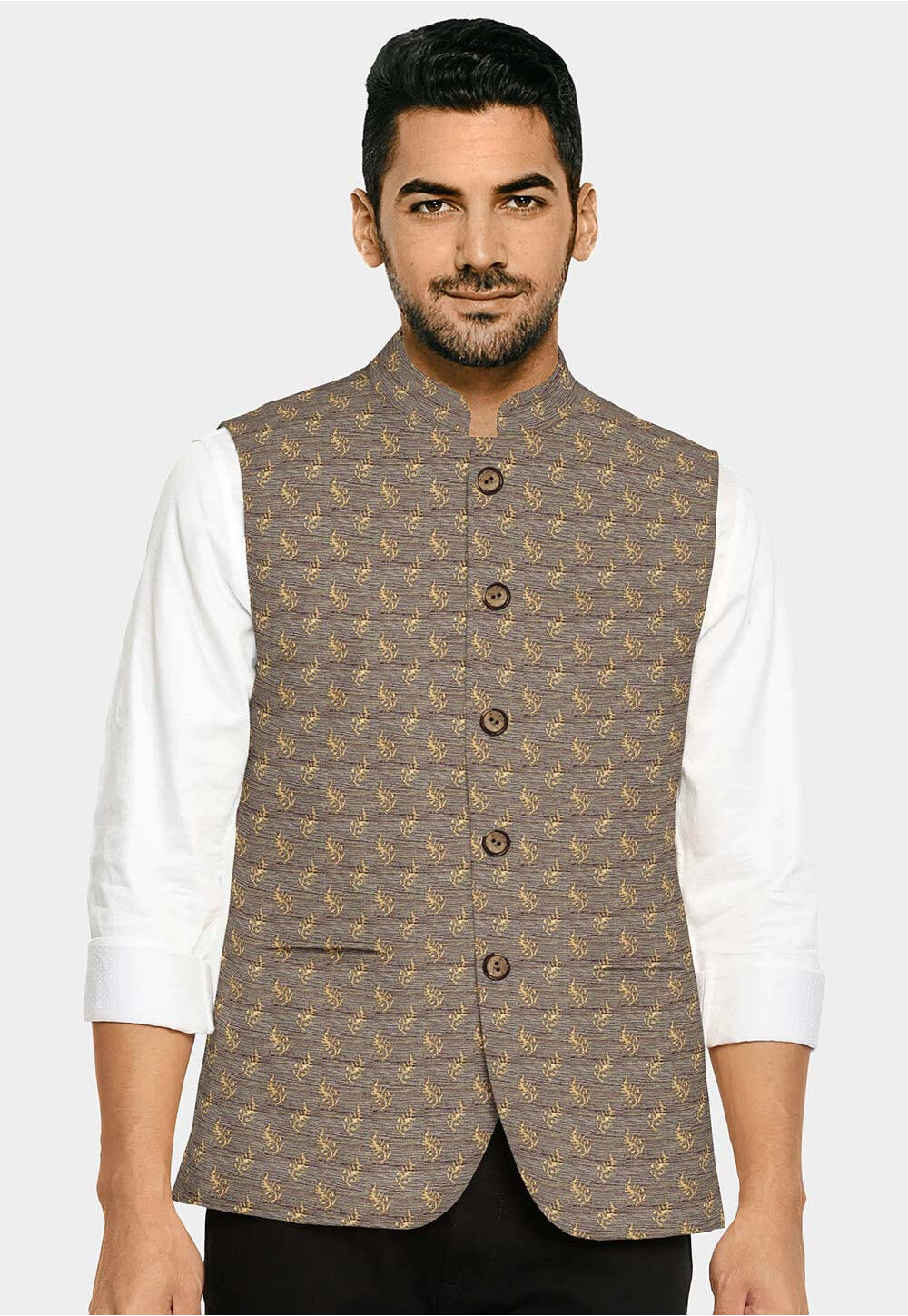 Buy Hand Block Printed Art Silk Nehru Jacket in Dark Beige Online : MTE1438 - Utsav Fashion