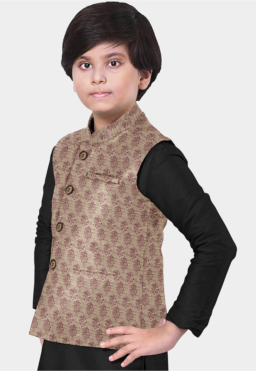 Buy Hand Block Printed Art Silk Nehru Jacket in Light Beige Online : UNJ1632 - Utsav Fashion