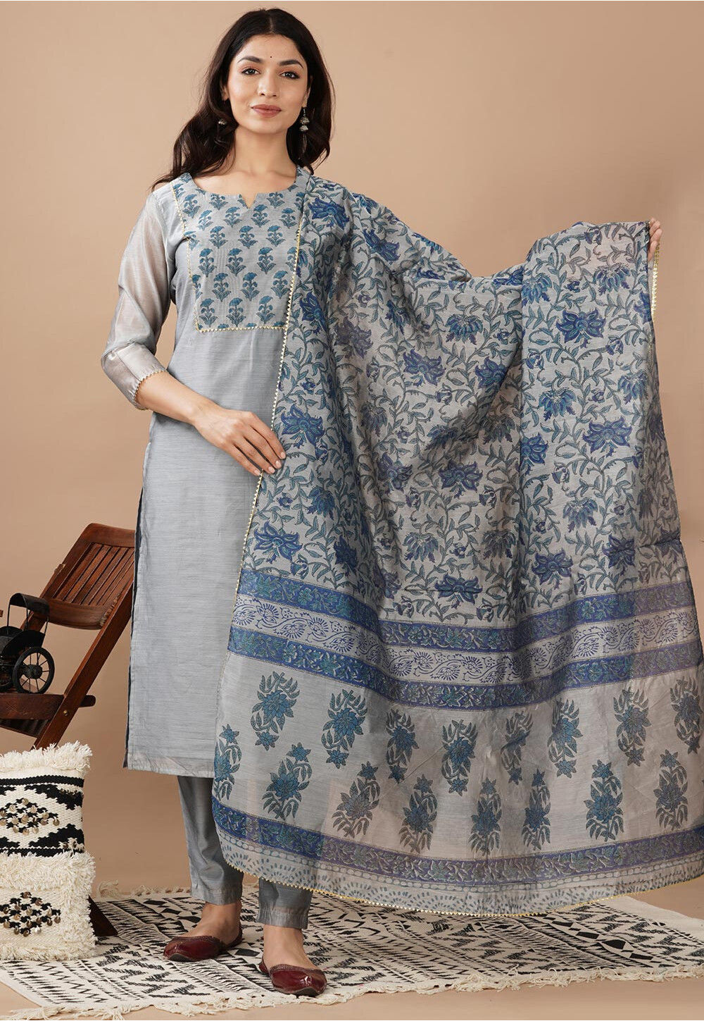 Buy Hand Block Printed Chanderi Silk Pakistani Suit in Grey Online ...