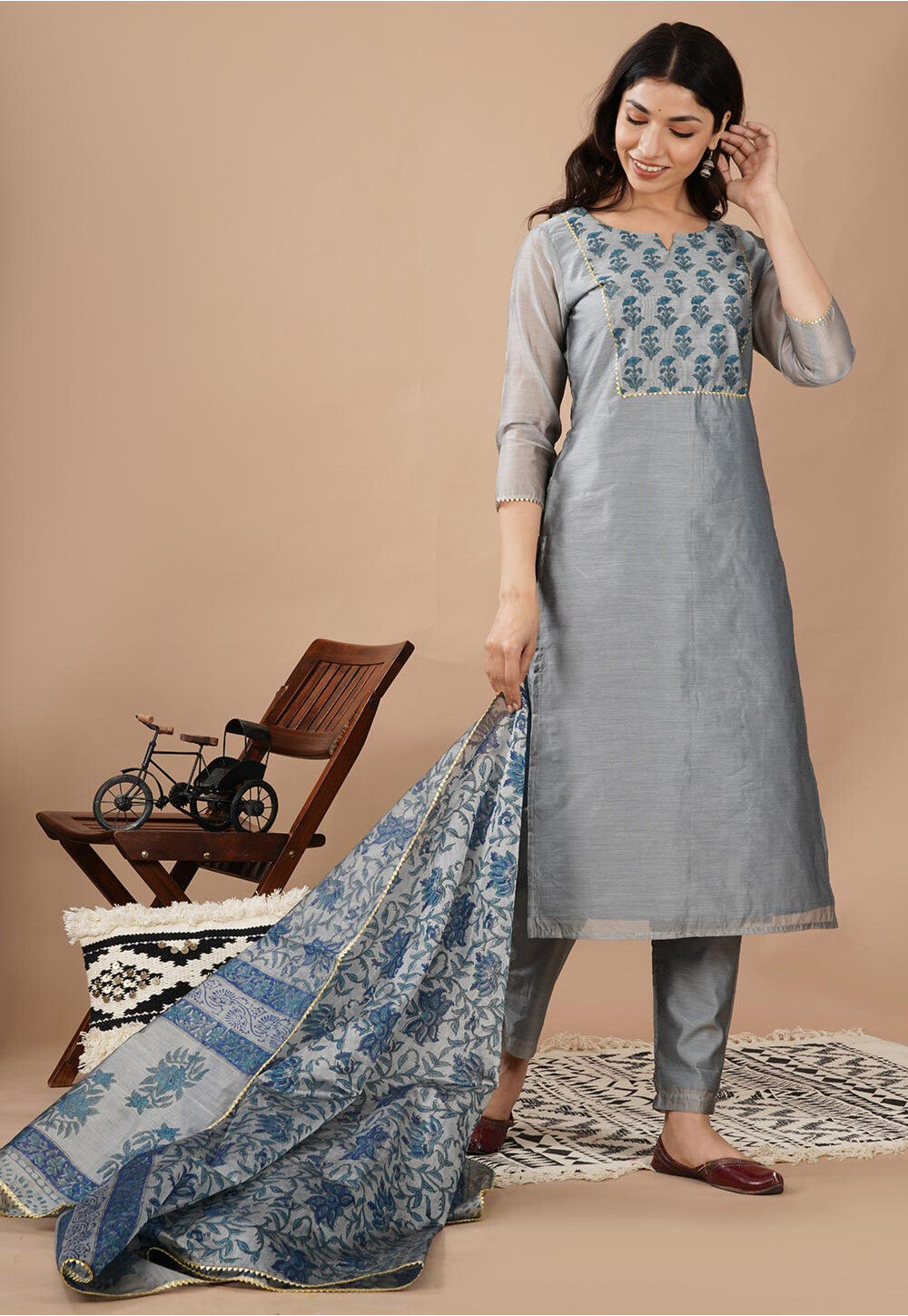 Buy Hand Block Printed Chanderi Silk Pakistani Suit in Grey Online ...