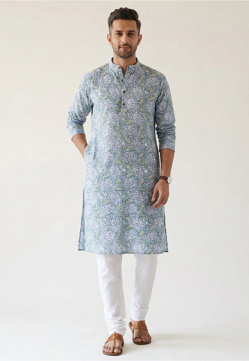 Buy Hand Block Printed Cotton Kurta Set in Sky Blue Online : MTE2893 ...