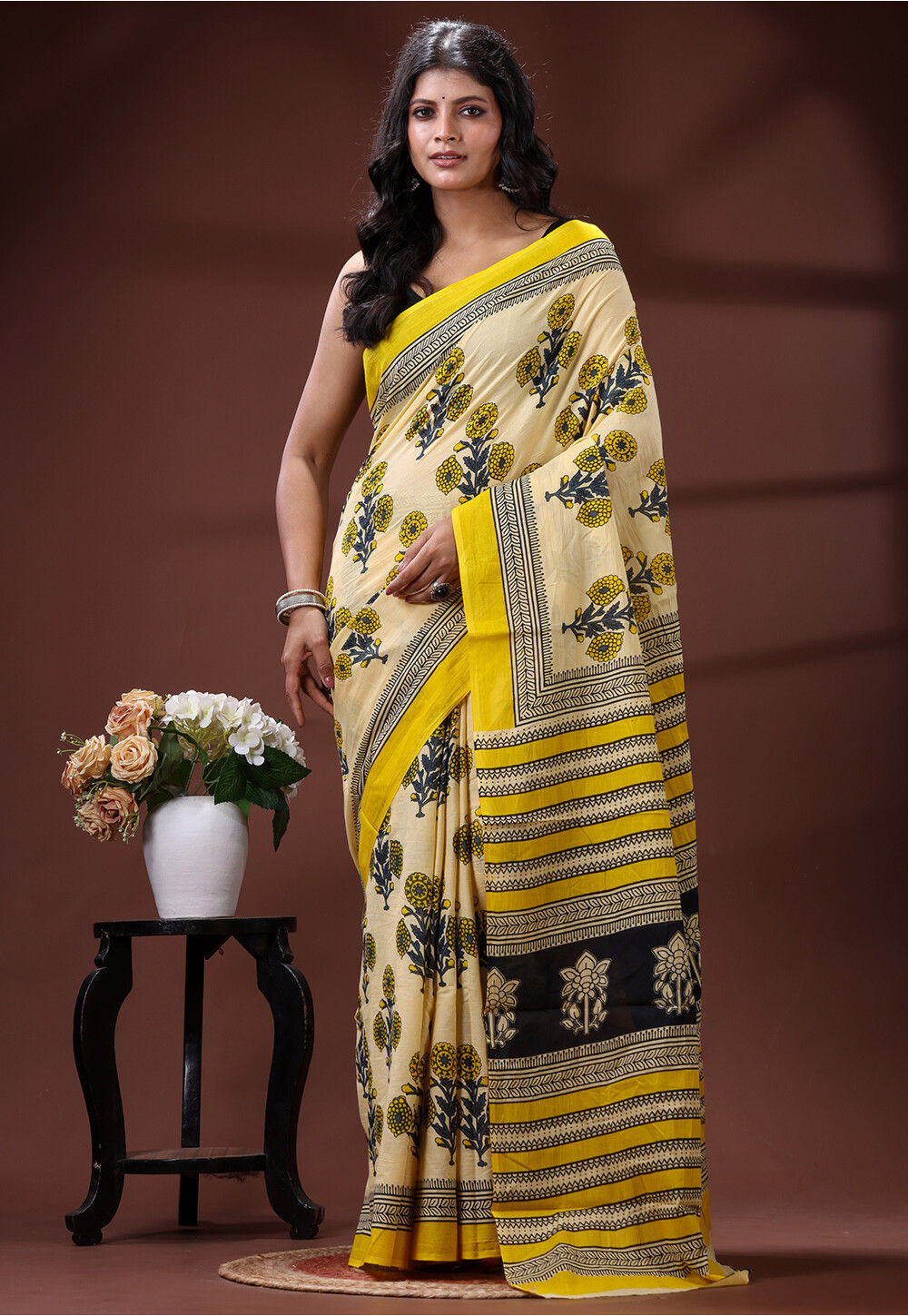 Buy Hand Block Printed Cotton Saree in Beige Online : SBY1259 - Utsav ...