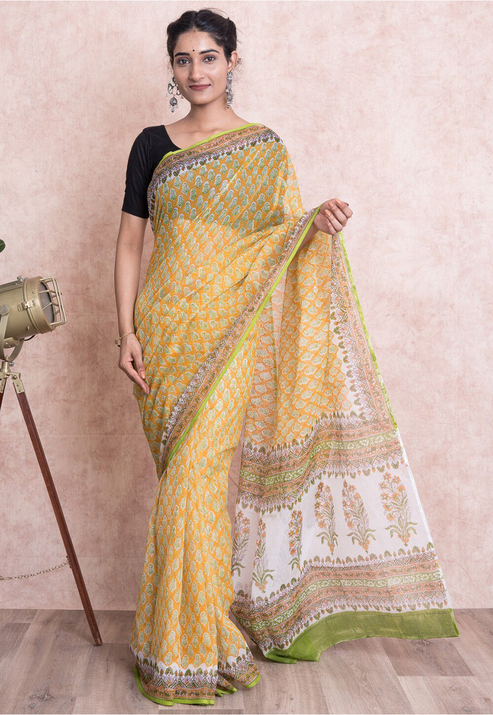 Buy Hand Block Printed Kota Doria Saree in Yellow Online : SNV184 ...