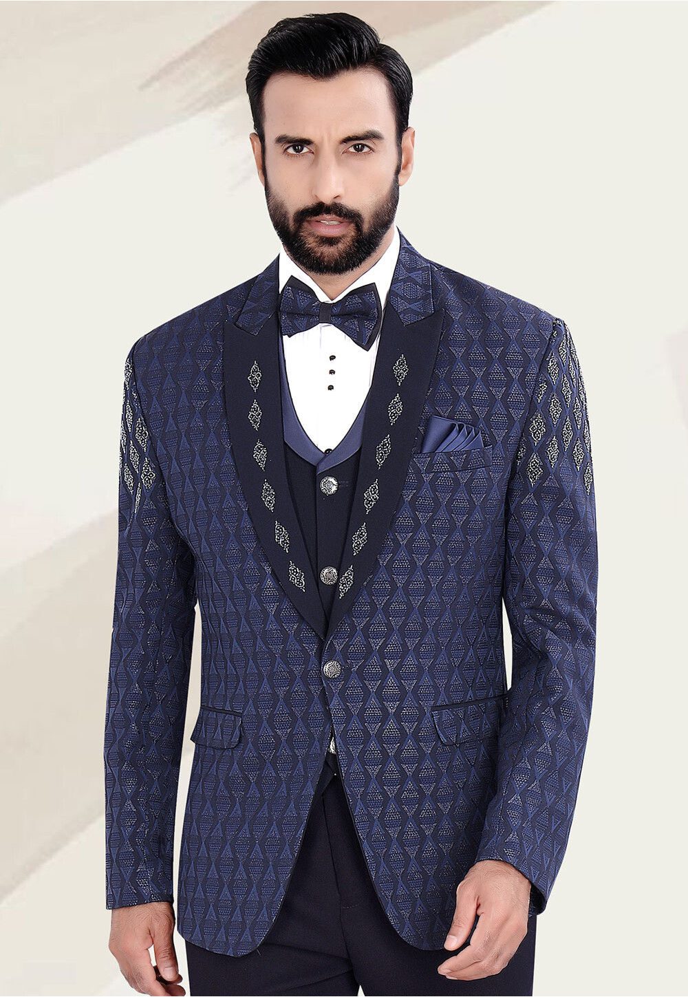 Buy Hand Embellished Terry Rayon Jacquard Blazer in Navy Blue Online ...