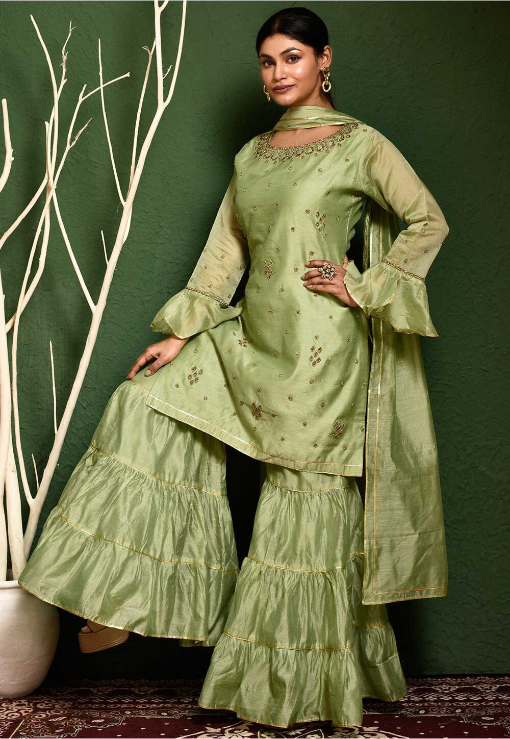 Buy Hand Embroidered Art Chanderi Silk Pakistani Suit in Green Online : KEY76 - Utsav Fashion