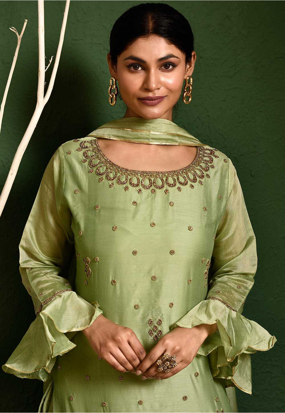 Buy Hand Embroidered Art Chanderi Silk Pakistani Suit in Green Online : KEY76 - Utsav Fashion