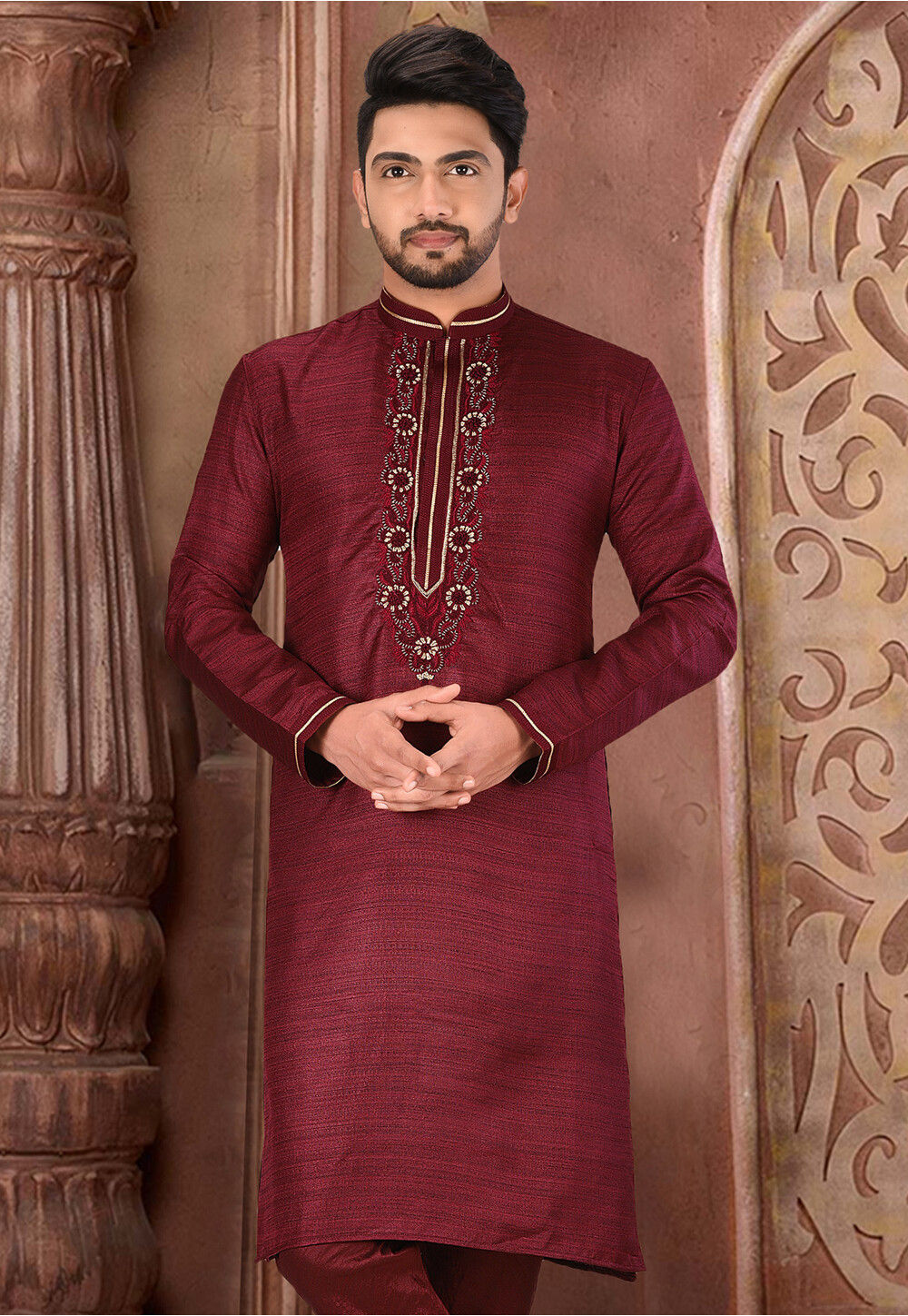 Buy Hand Embroidered Art Matka Silk Kurta in Maroon Online : MLC471 ...