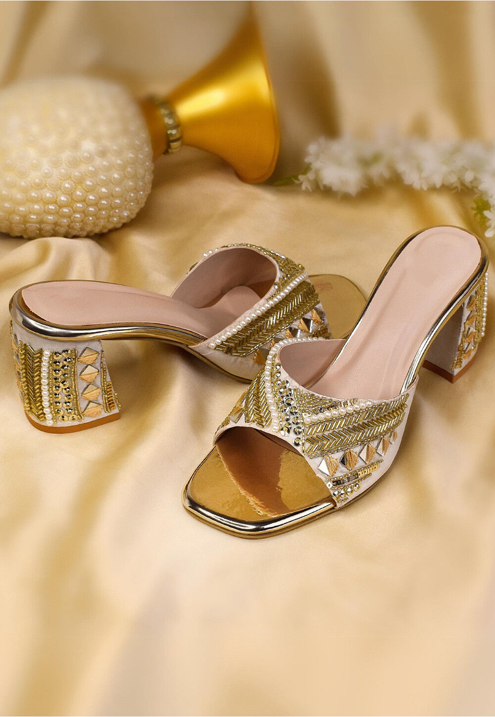 Buy Hand Embroidered Art Silk Heels in Golden and Off White Online ...