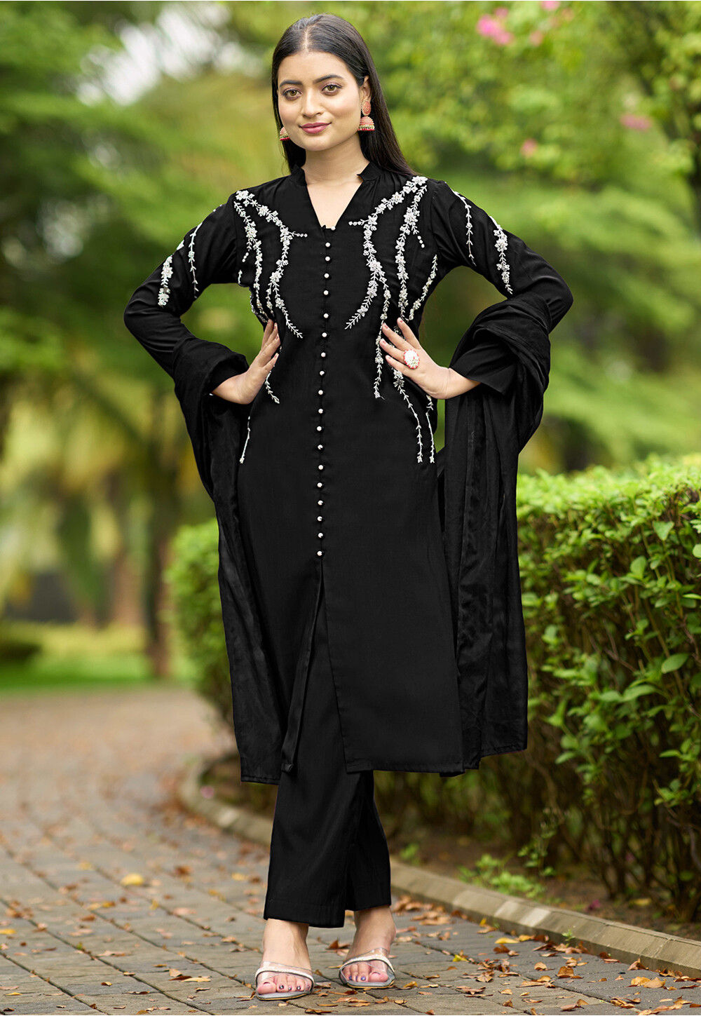 Buy Hand Embroidered Art Silk Pakistani Suit in Black Online : KNF908 ...