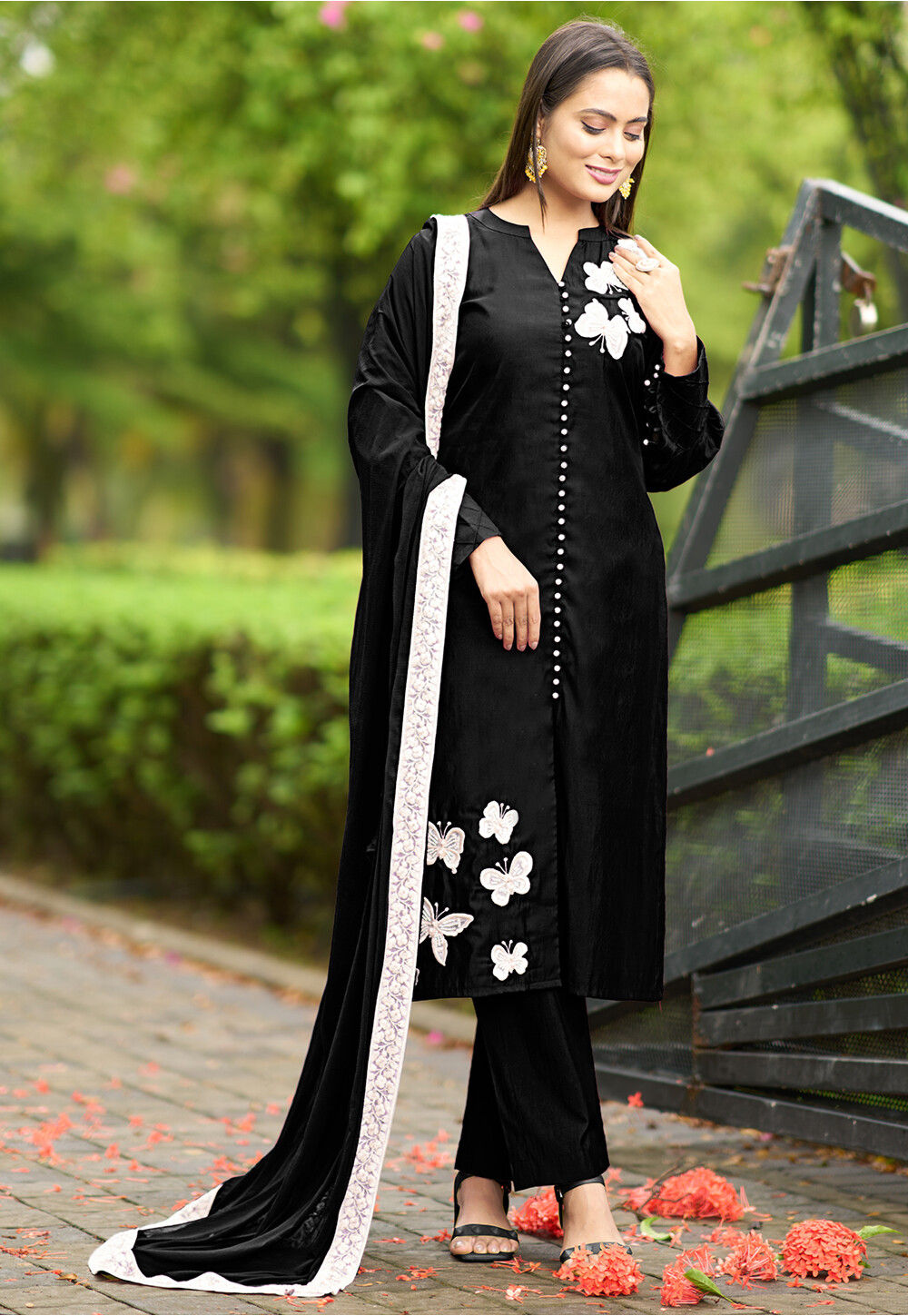 Buy Hand Embroidered Art Silk Pakistani Suit in Black Online : KNF911 ...