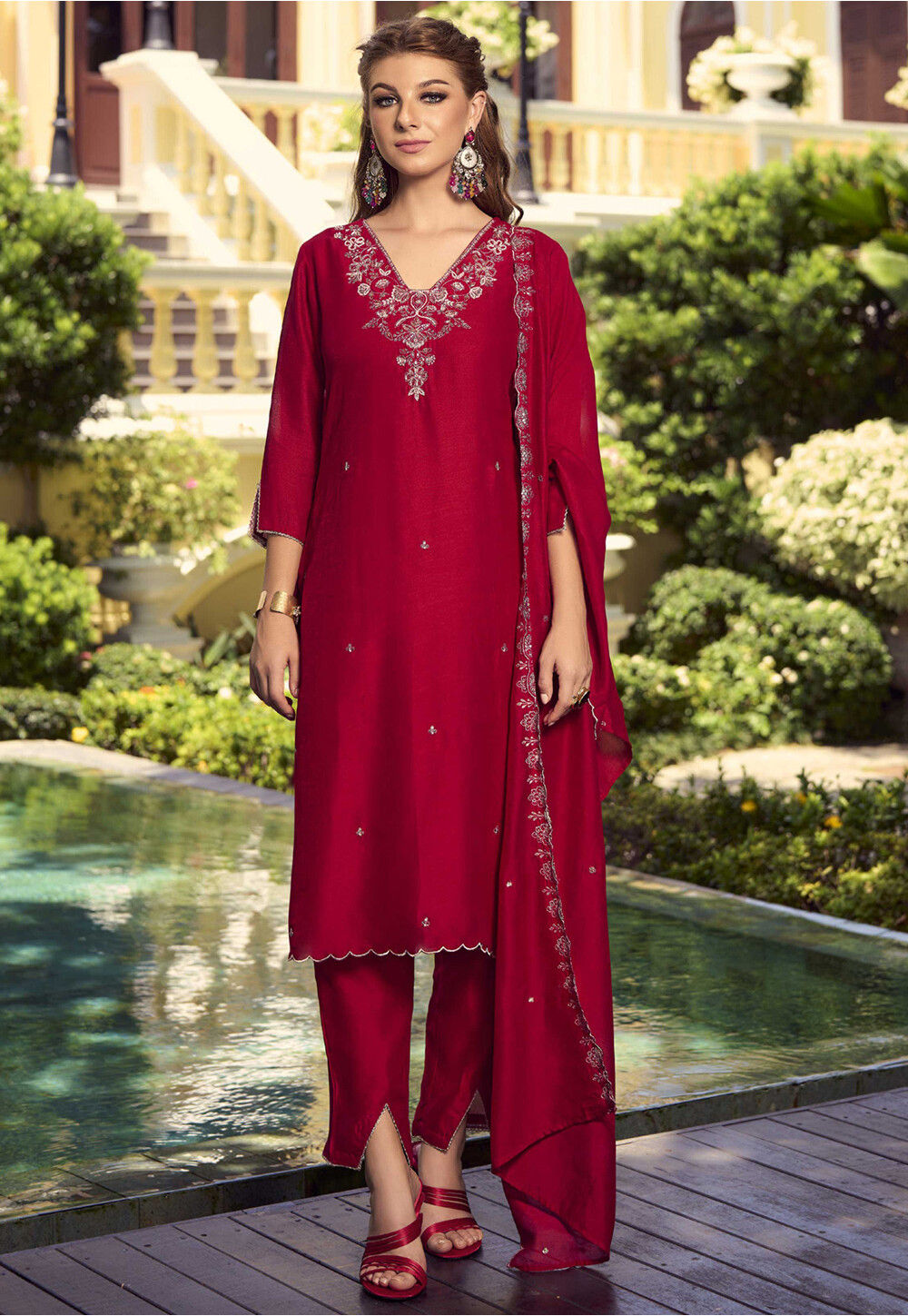 Buy Hand Embroidered Art Silk Pakistani Suit in Maroon Online ...