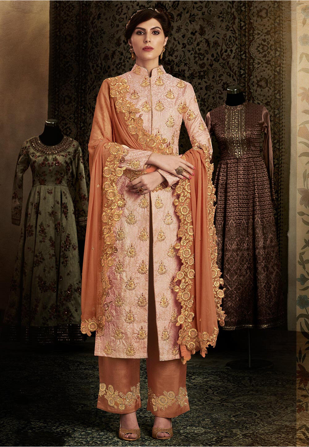 Buy Hand Embroidered Art Silk Pakistani Suit in Peach Online : KUF16296 ...