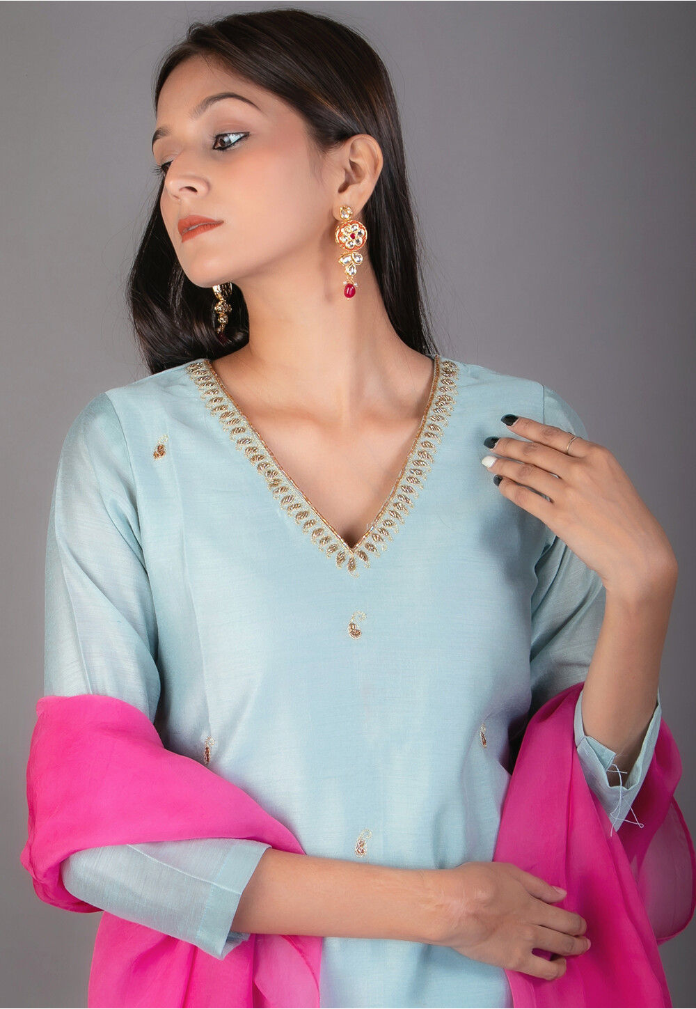 Buy Hand Embroidered Art Silk Pakistani Suit in Sky Blue Online ...