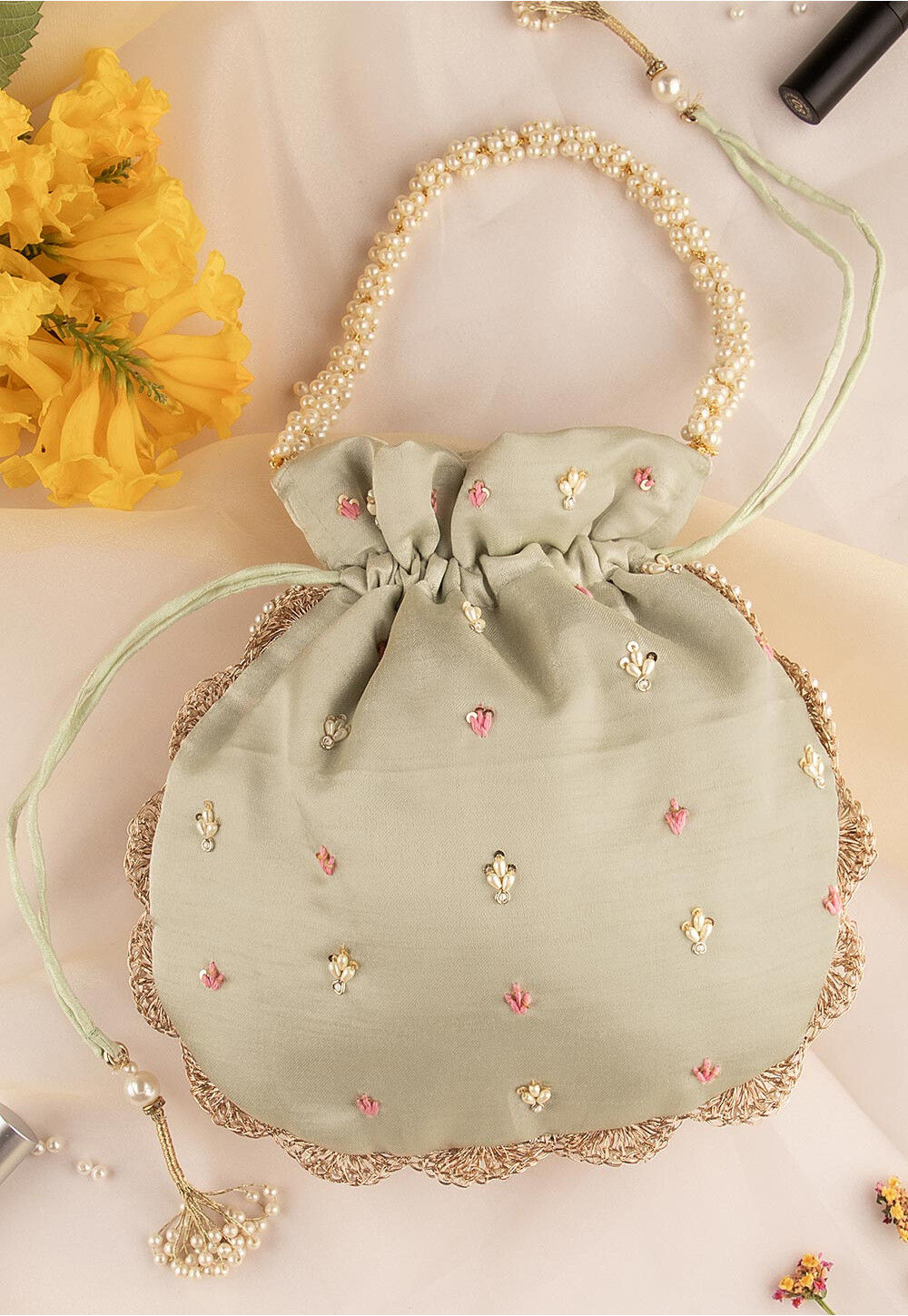 Buy Hand Embroidered Art Silk Potli Bag in Pastel Green Online : DMQ189 ...