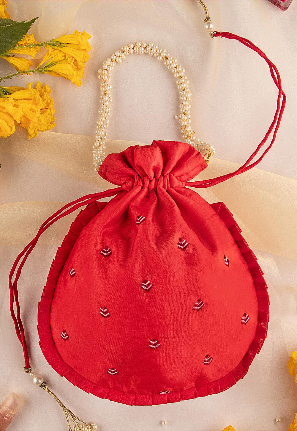 Buy Hand Embroidered Art Silk Potli Bag in Red Online : DMQ191 - Utsav ...