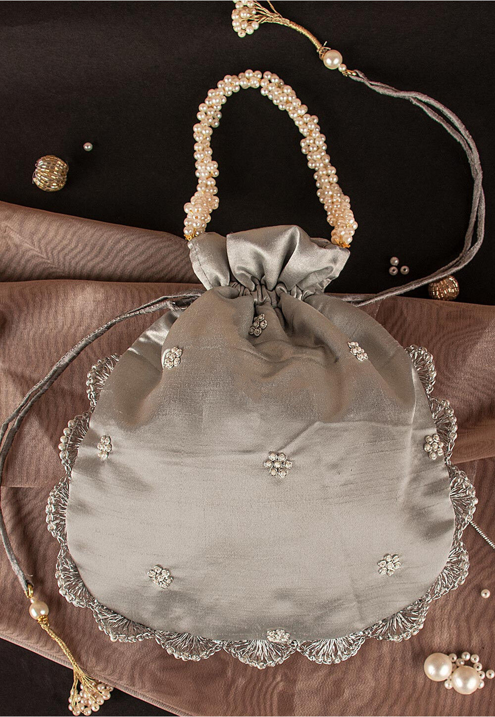 Buy Hand Embroidered Art Silk Potli Bag in Silver Online : DMQ192 ...