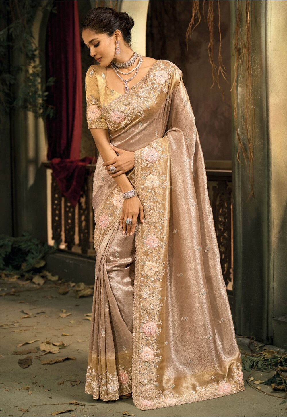 Buy Hand Embroidered Art Silk Saree in Light Old Rose Online : SSEA8782 ...