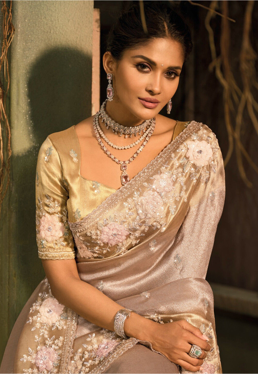 Buy Hand Embroidered Art Silk Saree in Light Old Rose Online : SSEA8782 ...