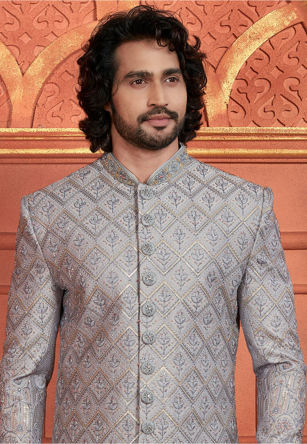 Buy Hand Embroidered Art Silk Sherwani in Grey Online : MLY2279 - Utsav ...