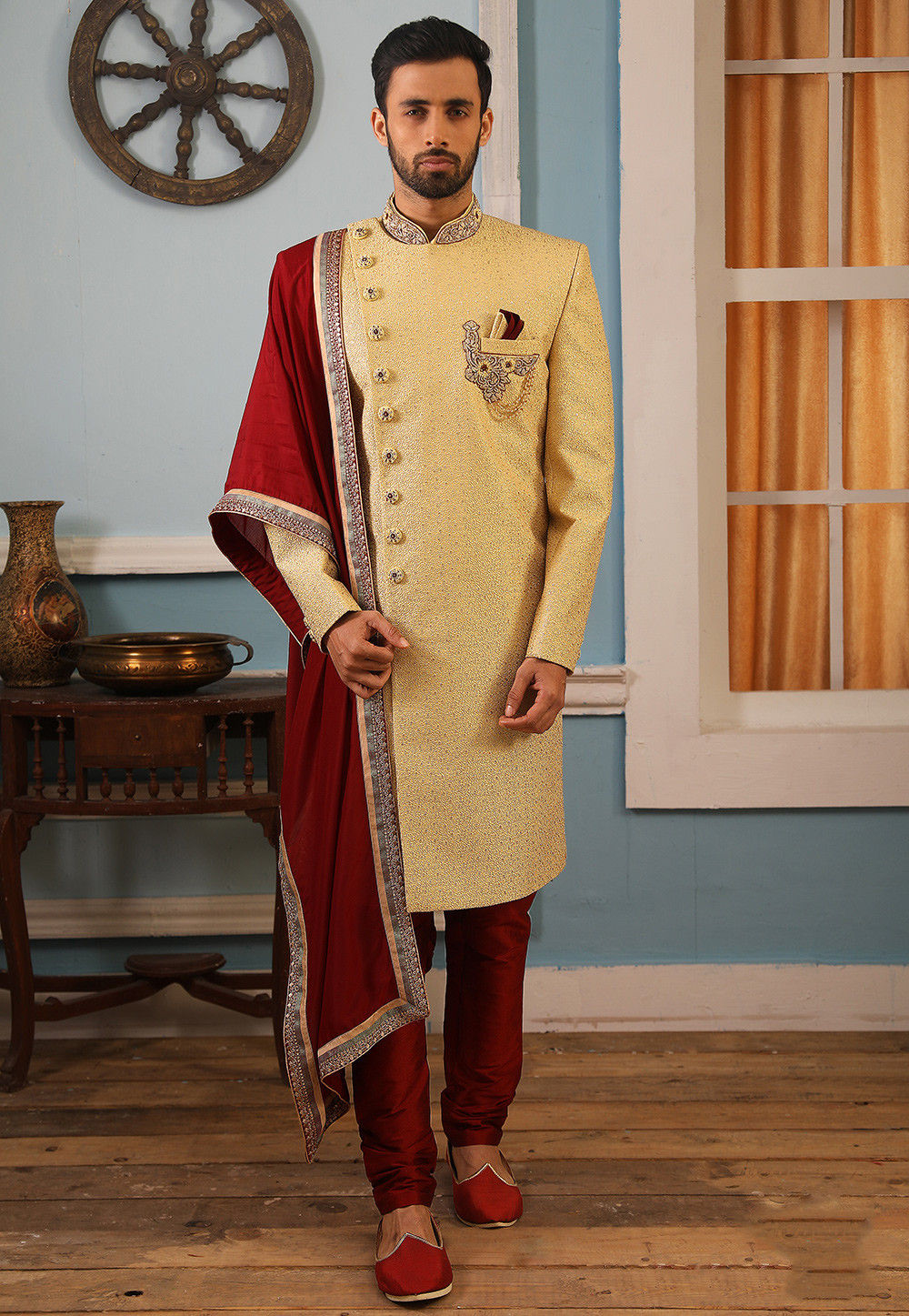 Buy Hand Embroidered Art Silk Sherwani in Light yellow Online : MGV717 ...