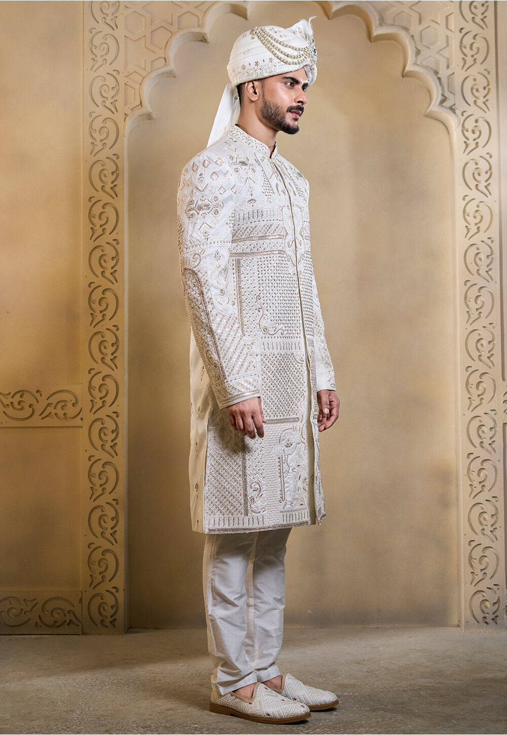 Buy Hand Embroidered Art Silk Sherwani in White Online : MDW2119 ...