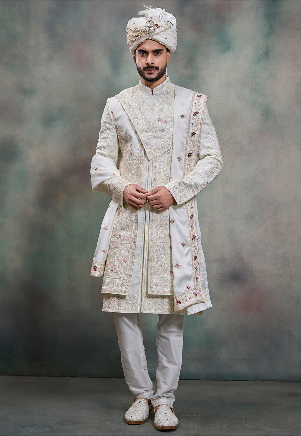Buy Hand Embroidered Art Silk Sherwani in White Online : MDW2128 ...