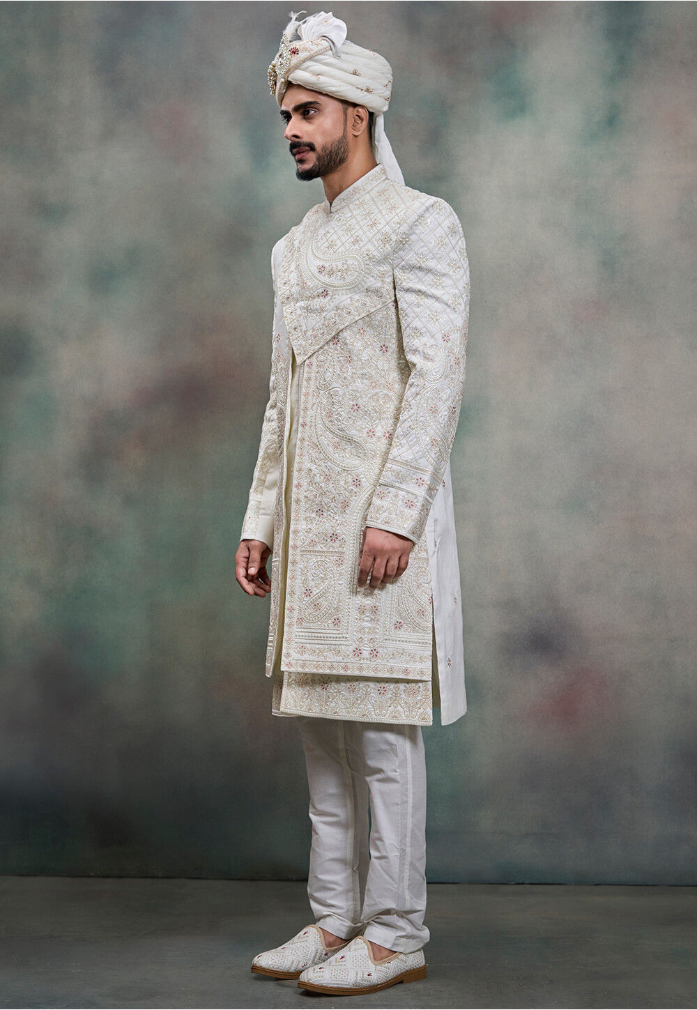 Buy Hand Embroidered Art Silk Sherwani in White Online : MDW2128 ...