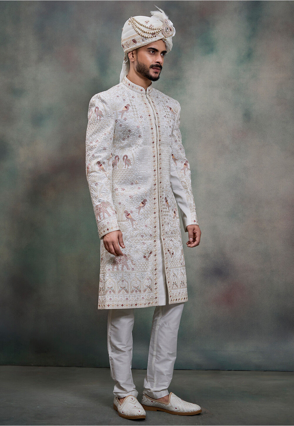Buy Hand Embroidered Art Silk Sherwani in White Online : MDW2136 ...