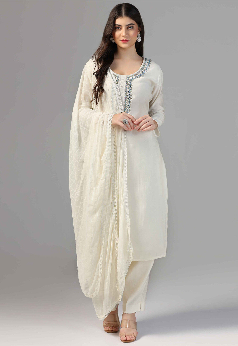 Buy Hand Embroidered Chanderi Cotton Pakistani Suit in Cream Online ...