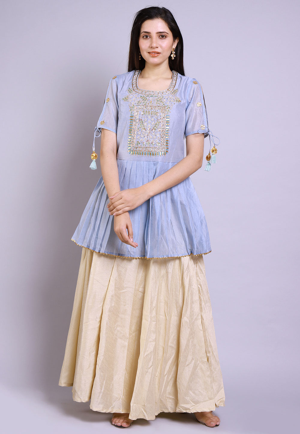 Buy Hand Embroidered Chanderi Peplum Style Kurti Set in Pastel Blue ...
