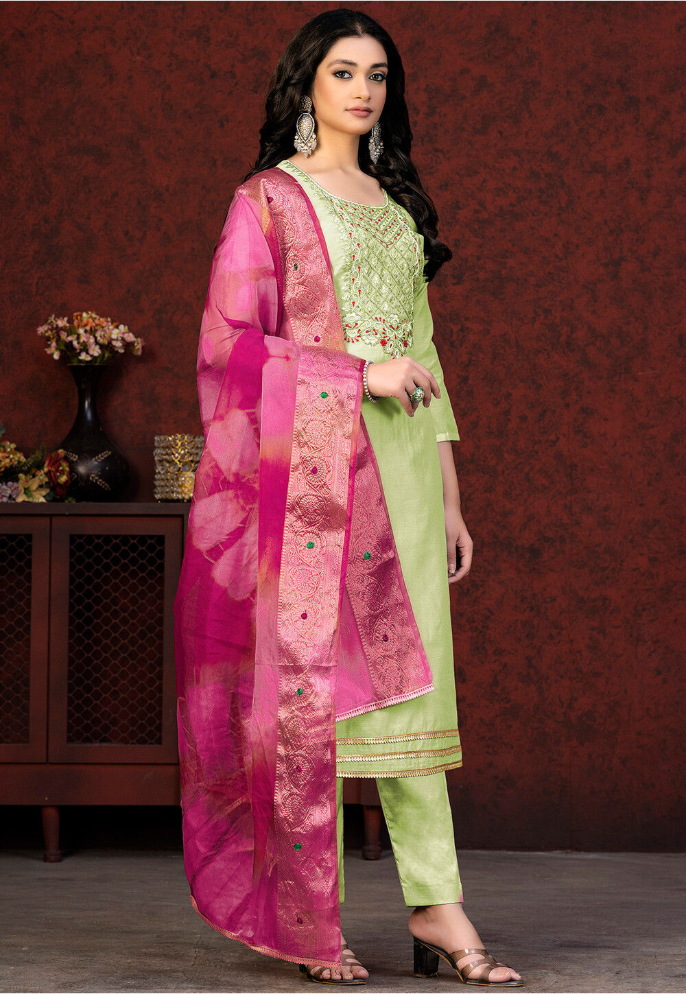 Buy Hand Embroidered Chanderi Silk Pakistani Suit in Light Green Online ...