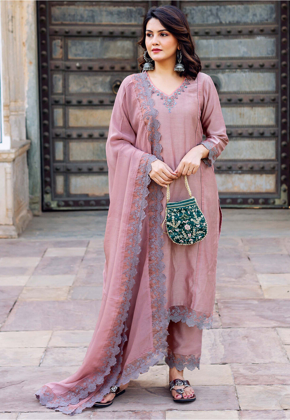 Buy Hand Embroidered Chanderi Silk Pakistani Suit in Old Rose Online ...