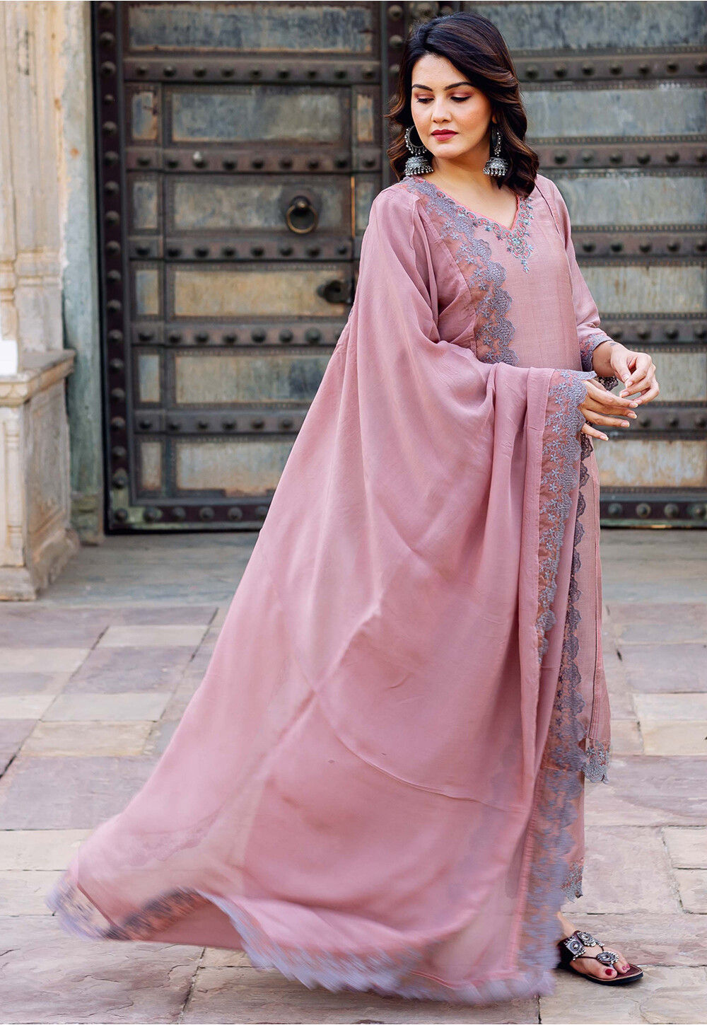 Buy Hand Embroidered Chanderi Silk Pakistani Suit in Old Rose Online ...