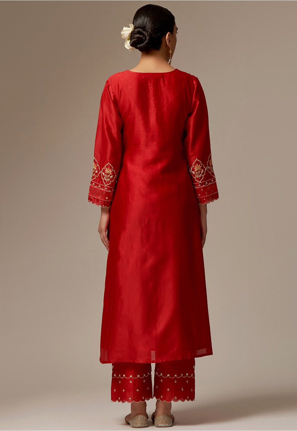 Buy Hand Embroidered Chanderi Silk Straight Kurta Set in Red Online ...