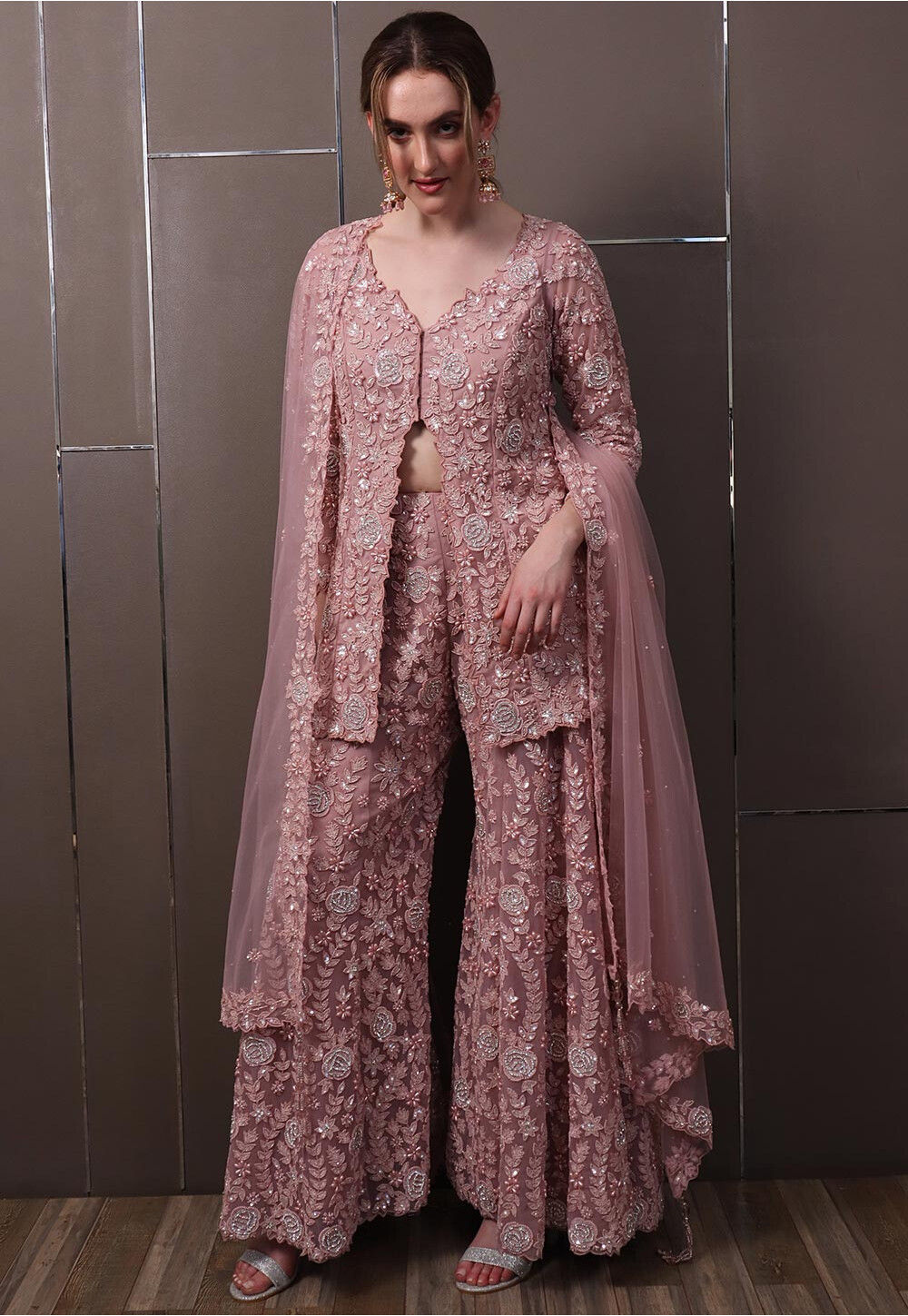 Buy Hand Embroidered Chinon Chiffon Pakistani Suit in Old Rose Online ...